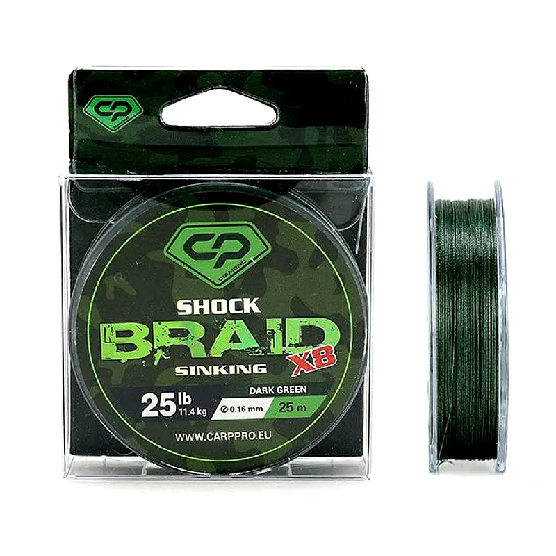 Carp Pro DIAMOND SHOCK BRAID 25m 0.16mm 25lb DARK GREEN 8X (CP1625-8-25) 50840
