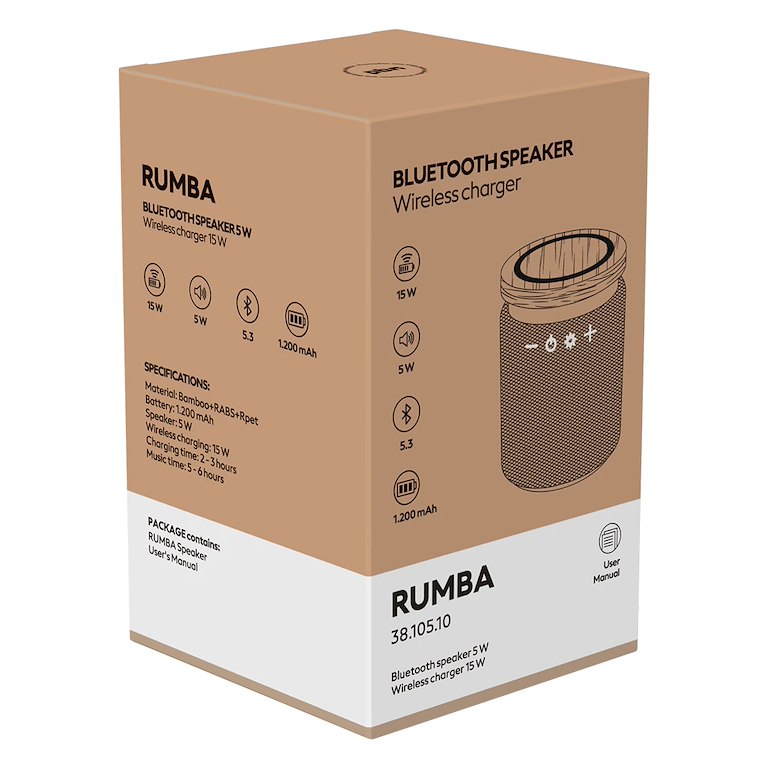 RUMBA - 38105
Bežični zvučnik, 5W i bežični punjač, 15W