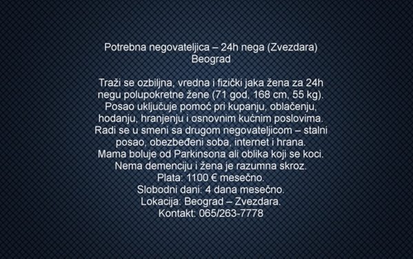 Potrebna negovateljica – 24h nega (Zvezdara) Beograd Srbija Beograd