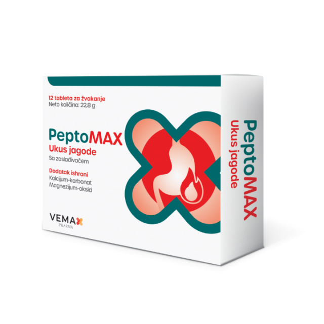 PEPTOMAX tablete za žvakanje, 12kom, ukus jagode