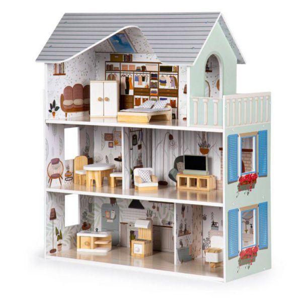 ECO TOYS Drvena kućica za lutke sa nameštajem Emma Residence