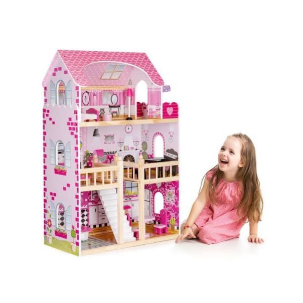 ECO TOYS Drvena kućica za lutke sa nameštajem i LED svetlom