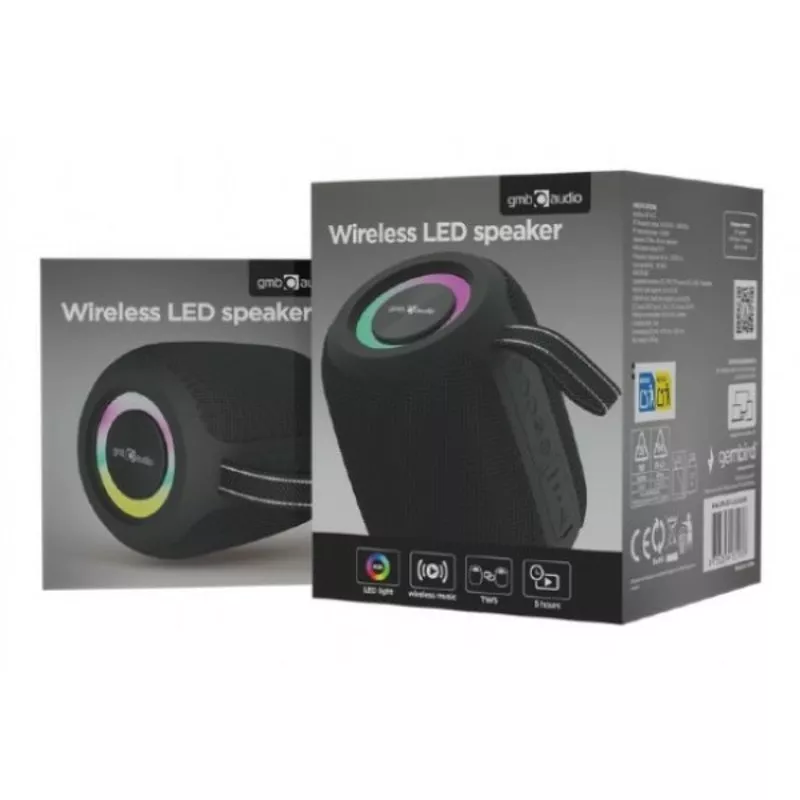 SPK-BT-LED-05-BK Gembird Portable Bluetooth RGB LED TWS speaker, 8W, BT, FM, USB, Handsfree, Black