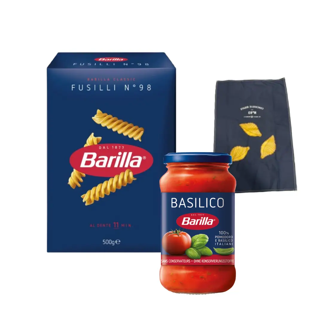 Barilla Fusilli, br.98, 500g + Sos basilico + Kuhinjska krpa