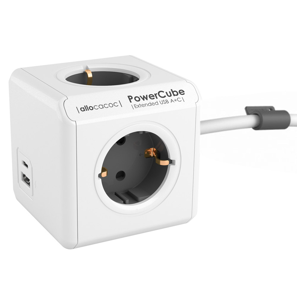 PowerCube produžni kabl sa 4 uticnice i USB A+C, sivi