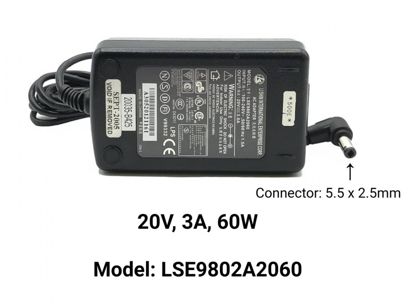 Strujni adapter punjač 20V, 3A, konektor 5.5 x 2.5mm