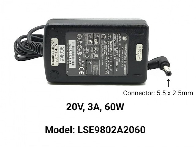 Strujni adapter punjač 20V, 3A, konektor 5.5 x 2.5mm