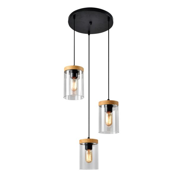 Wels Viseća Lampa Crna + Drvo 3x40W E27