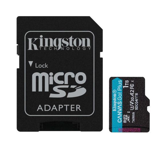 Kingston - MicroSD 1TB, Canvas Go! Plus, Class10 UHS-I U3 V30 A2, Read up to 200MB/s, Write up to 160MB/s, for 4K and FullHD video recording, w/SD adapter