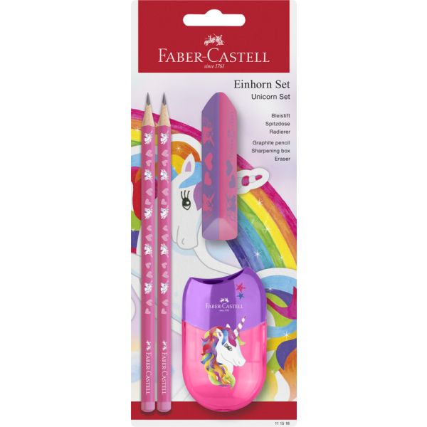 2 grafitne olovke, rezač gumica Unicorn Faber-Castell u poliblister pakovanju