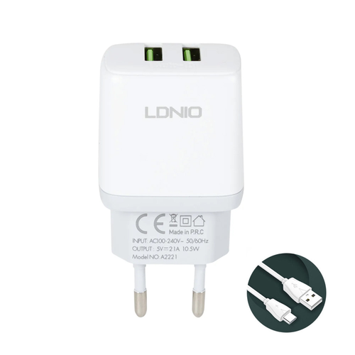 Kucni punjac LDNIO A2221 2xUSB, 12W sa Type C kablom beli