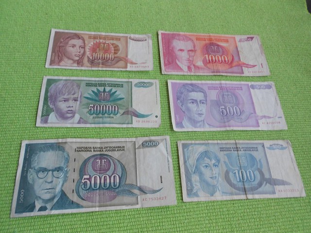 Lot 6 novčanica dinara iz 1992.