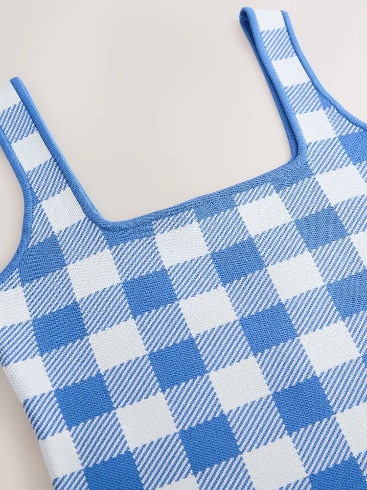 Plavo Karirana šara - Gingham Proverite Co-Ord Pleteni prsluk Vrh