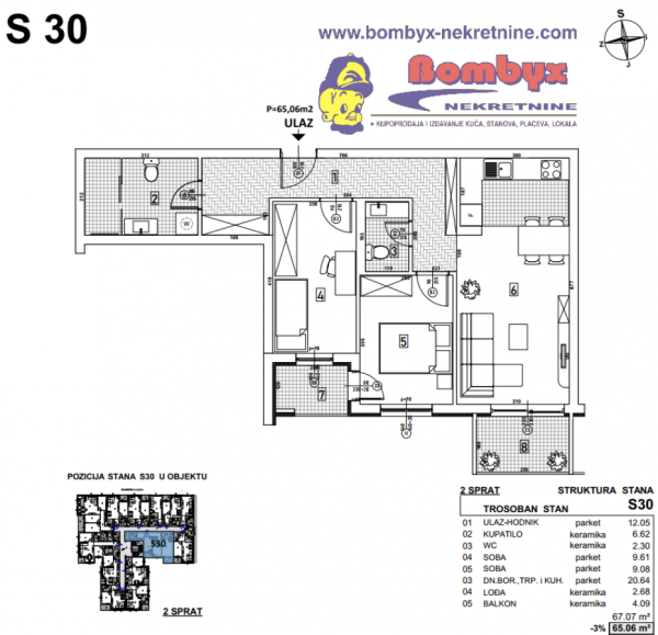 Trosoban stan na prodaju, 65m2, 133.250€