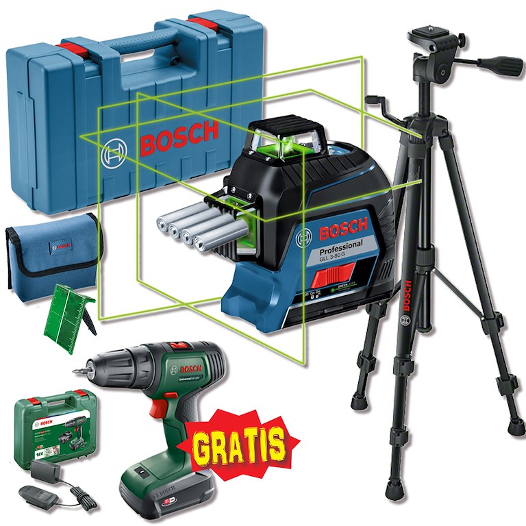 SET BOSCH LINIJSKI LASER GLL 3-80 G + STATIV BT150 + AKU BUŠILICA UniversalDrill 18V – GRATIS
