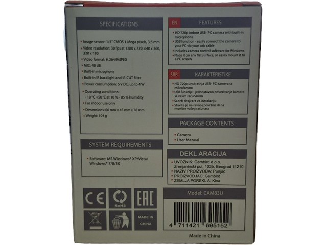 CAM83U Gembird Web kamera sa mikrofonom 720p USB+3,5mm