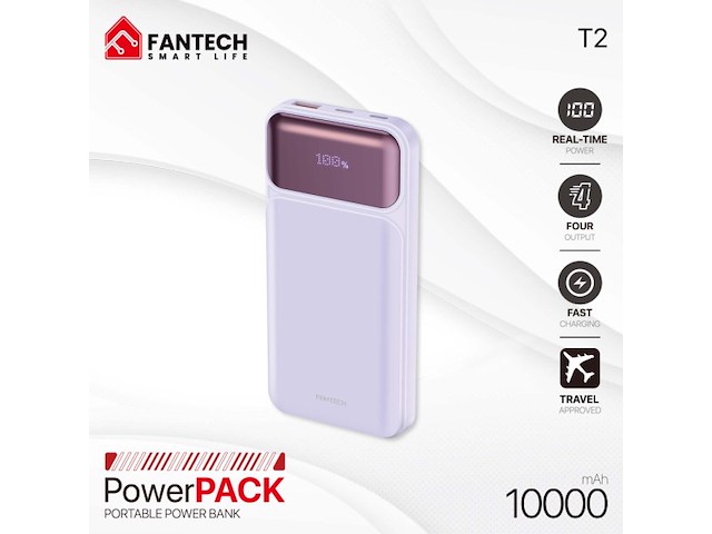 Power bank Prenosiva baterija Fantech T2 10000mAh QC, PD, 22.5W  ljubicasti