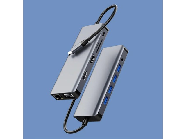 Adapter Type C na LAN Gb, SD card, TF, Type C, 3xUSB 3.0, USB 2.0, Audio, 2xHDMI i VGA 12 u 1 20cm kabl