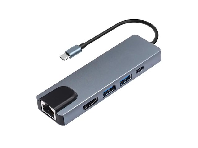 Adapter Type C na LAN Gb, Type C, 2xUSB 3.0 i HDMI 5u1 20cm kabl