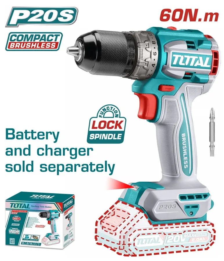Total Li-ion Akumulatorska bušilica TDLI206021, BL, 20V, 60Nm, Metalni futer 13mm, Solo