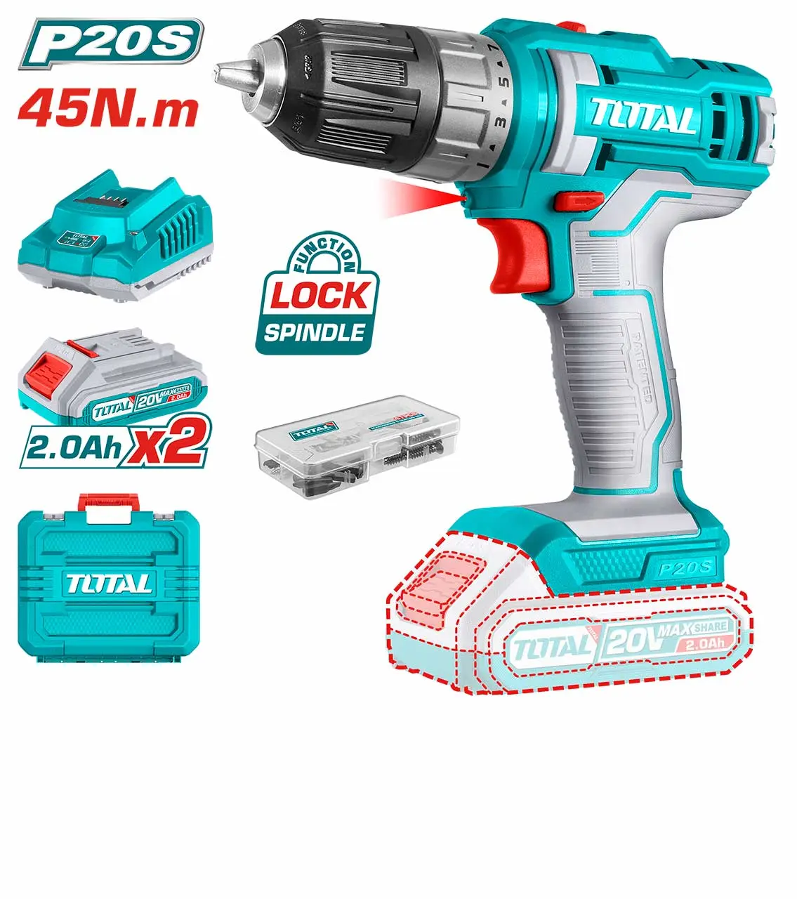 Total Li-ion Akumulatorska bušilica TDLI200528, 20v, 2 x 2Ah, 45Nm, 10mm