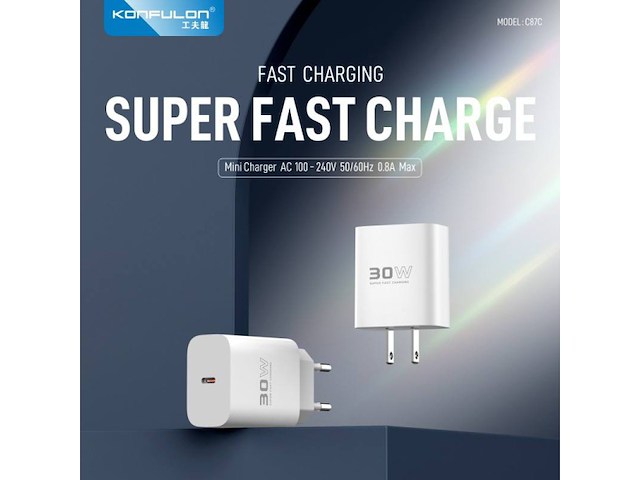 Kucni punjac KONFULON C87c + DL50, 30W, sa PD kablom Type C na iPhone lightning beli