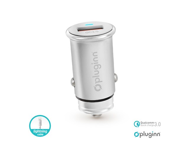 Auto punjac Pluginn PI-20 QC 3.0, 3A, 18W, sa lightning kablom srebrni