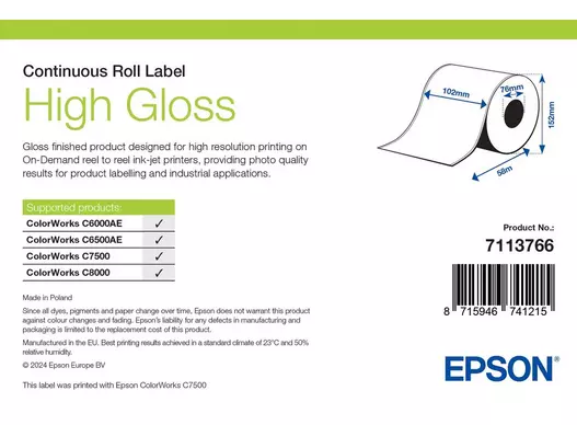 High Gloss Label, Continuous Roll, 102mm x 60m