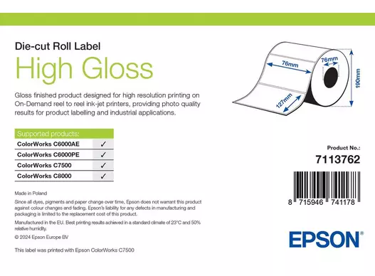 High Gloss Label, Die-Cut Roll, 76mm x 127mm, 960 Labels
