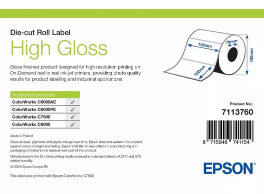 High Gloss Label, Die-Cut Roll, 102mm x 152mm, 800 Labels