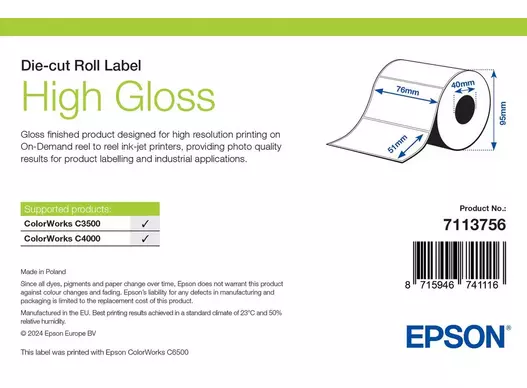 High Gloss Label, Die-Cut Roll, 76mm x 51mm, 610 Labels