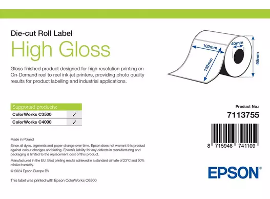 High Gloss Label, Die-Cut Roll, 102mm x 152mm, 210 Labels