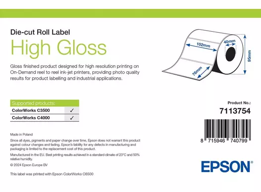 High Gloss Label, Die-Cut Roll, 102mm x 76mm, 415 Labels
