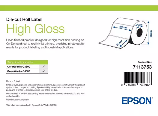 High Gloss Label, Die-Cut Roll, 102mm x 51mm, 610 Labels