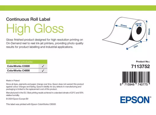High Gloss Label, Continuous Roll, 51mm x 33m