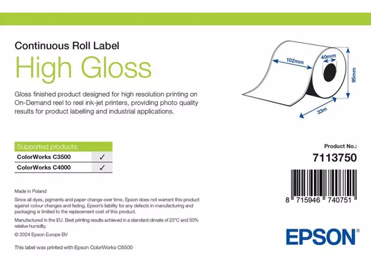 High Gloss Label, Continuous Roll, 102mm x 33m