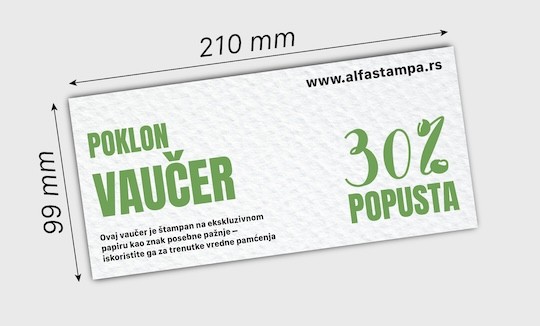 DL vaučeri na specijalnom papiru
Štampa DL vaučera na specijalnom papiru (99x210 mm)