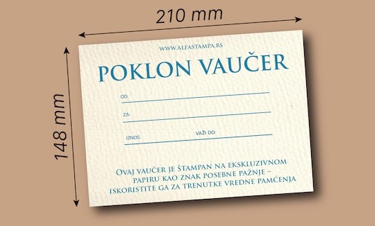 A5 vaučeri na specijalnom papiru
Izrada i štampa A5 vaučera na Specijalnom Papiru – Elegancija u svakom detalju