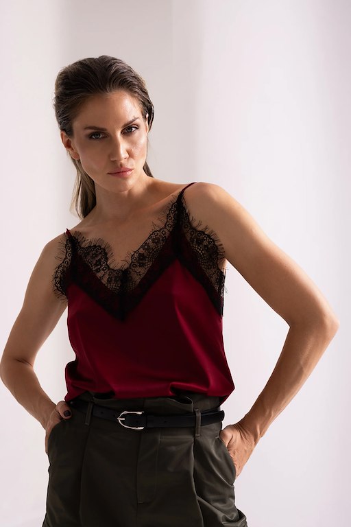 Satin camisole top with lace detail in bordeaux