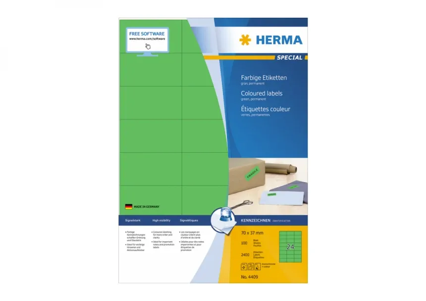 Etikete 70X37 A4/24 1/100 zelena Herma 02H4409