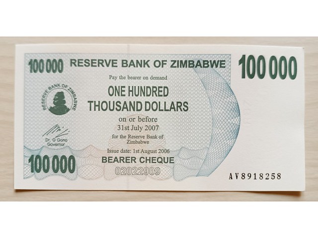 Zimbabwe 100.000 dollars. Unc, 2007 godina