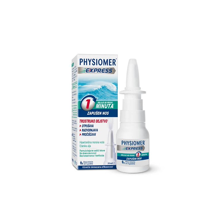 PHYSIOMER® Sprej za Nos Express 20 mL; Hipertonična Morska Voda sa Dodatkom Etarskih Ulja