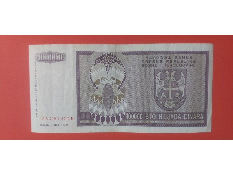 100.000 dinara 1993 god Republika Srpska Vf
