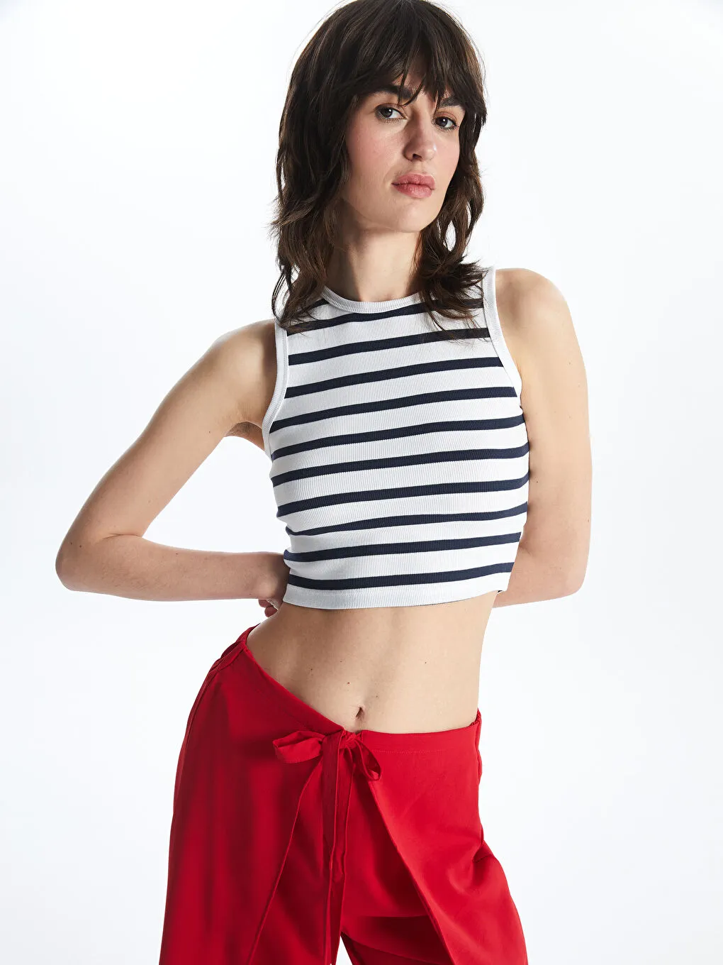 LCW Vision Okrugli Izrez Prugasta Ženska Crop Top Majica