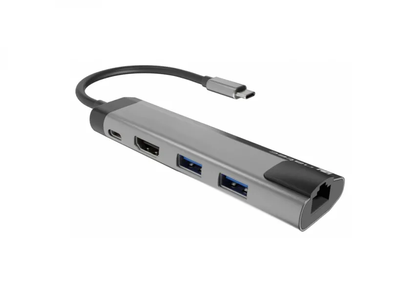 Natec NMP-1985 FOWLER GO, USB Type-C 5-in-1 Multi-port Adapter (USB3.0 Hub + HDMI + PD + Gigabit LAN), Max. 100W Output, Black