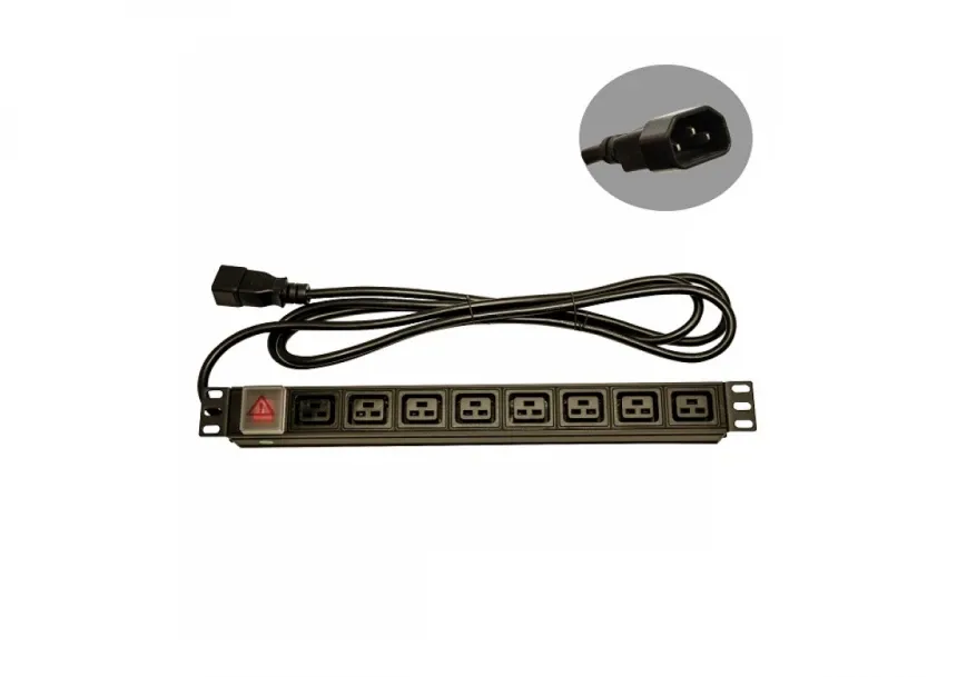 230V razvodni PDU panel 19"/1U sa 8 x C19 utičnih mesta, prekidačem, metalnim kućištem i 3 x 2.5mm² kablom 1.8m sa C20 utikačem (PDU-8C19-1U-C20)