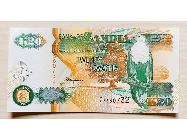 Zambia 20 kwacha. Unc, 1992 godina