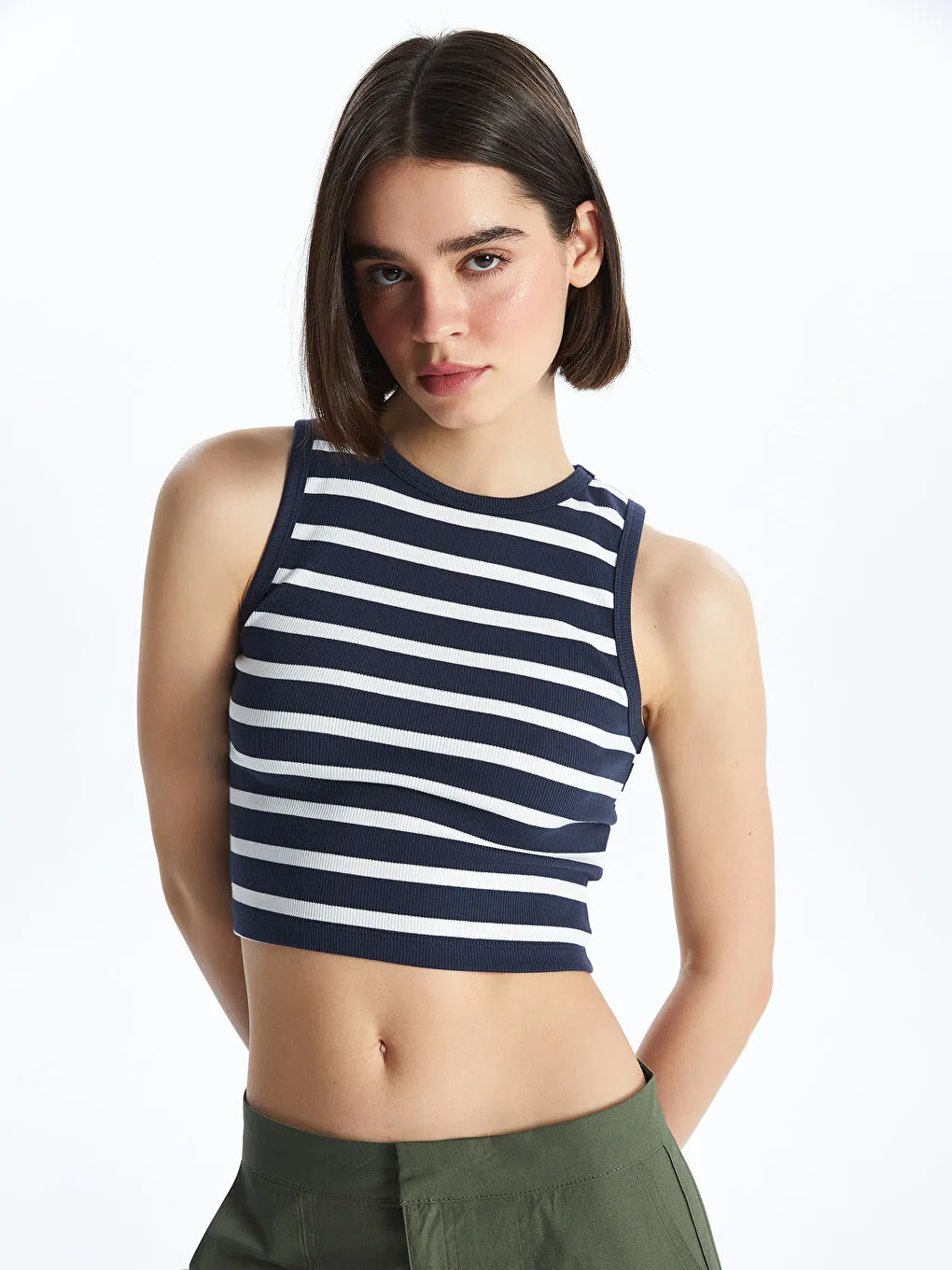 LCW Vision Okrugli Izrez Prugasta Ženska Crop Top Majica