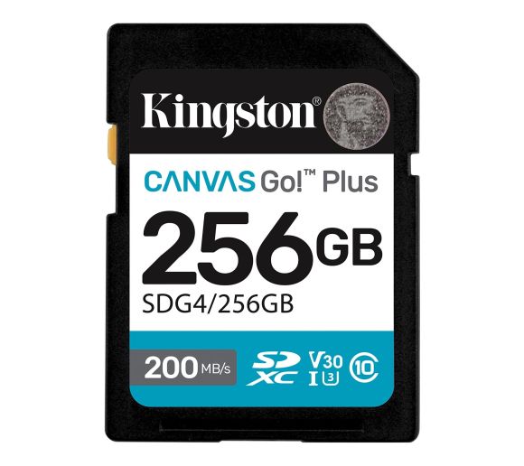 Kingston - SD Card 256GB, Canvas Go! Plus, SDXC Class10 UHS-1 U3 V30, Read up to 200MB/s, Write up to 160MB/s, for 4K and FullHD video recording