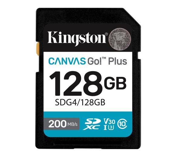 Kingston - SD Card 128GB, Canvas Go! Plus, SDXC Class10 UHS-1 U3 V30, Read up to 200MB/s, Write up to 100MB/s, for 4K and FullHD video recording